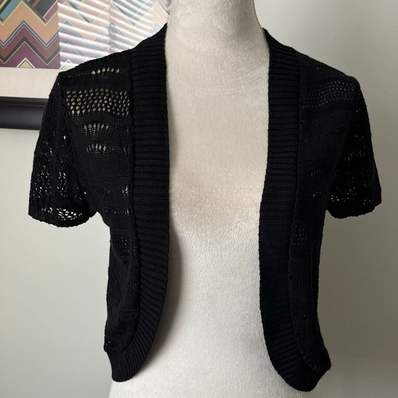 Sweet Kizz | Sweaters | Sweet Kizz Black Open Weave Shrug S | Poshmark